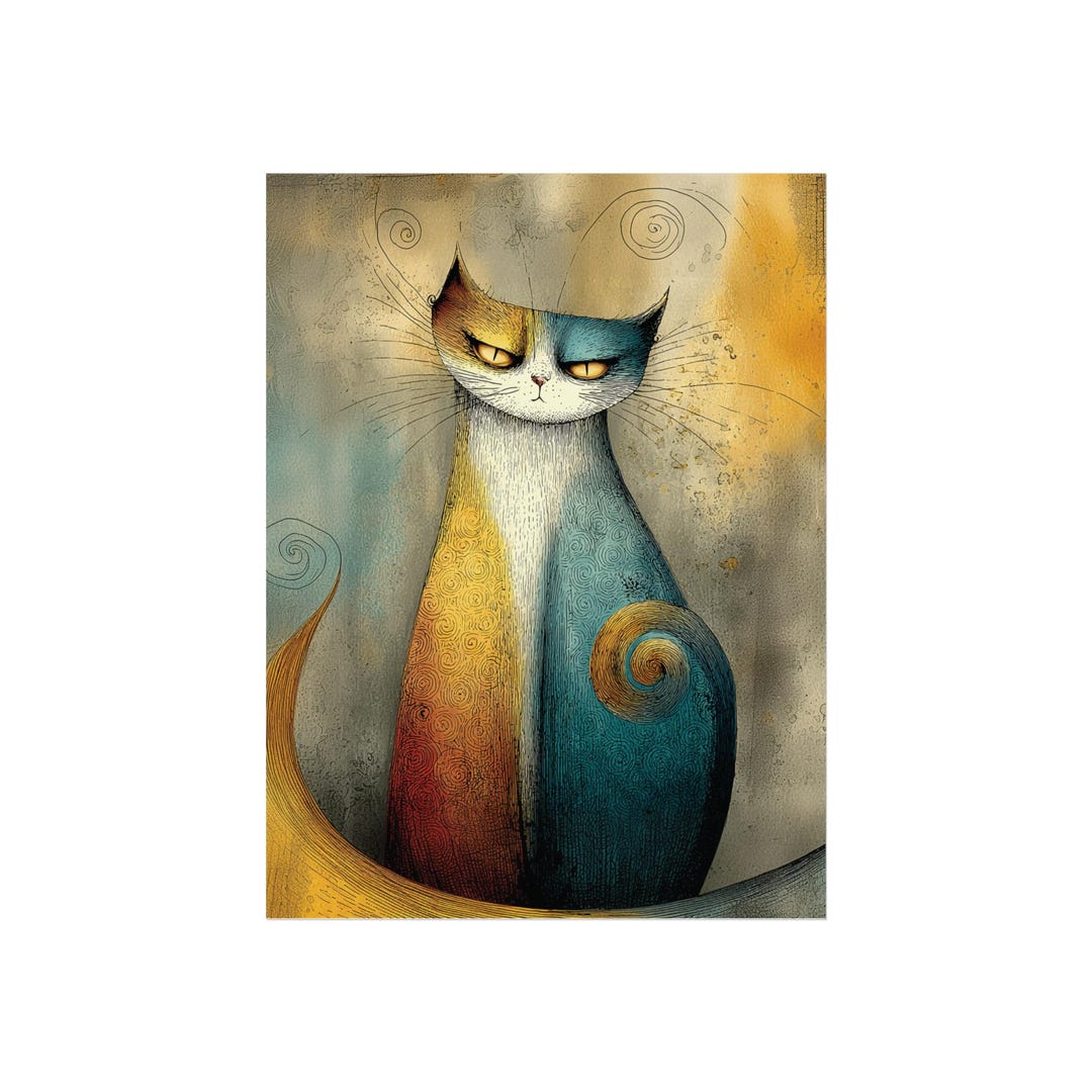 Whimsical Cat Fine Art Poster, Colourful Cat Wall Art, Home Décor, Cat ...
