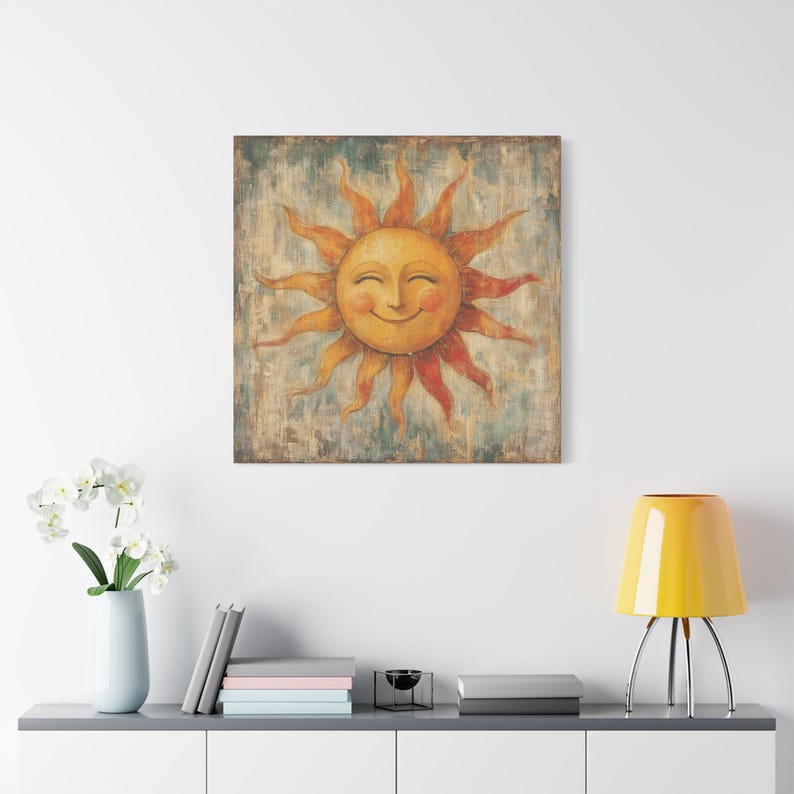Smiling Sun Canvas Art, Vintage Style Sun Wall Art, Boho Celestial Sun ...