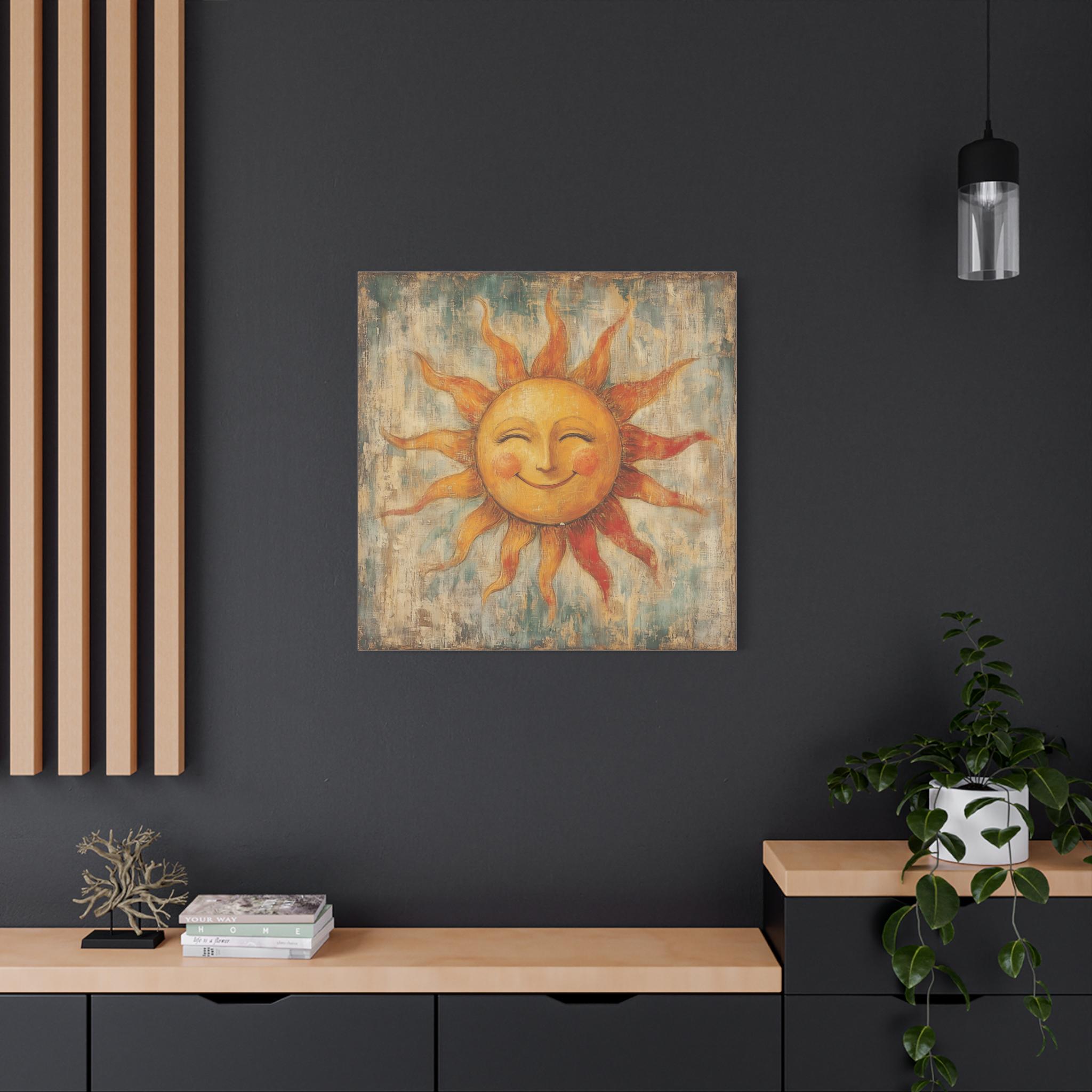 Smiling Sun Canvas Art, Vintage Style Sun Wall Art, Boho Celestial Sun ...