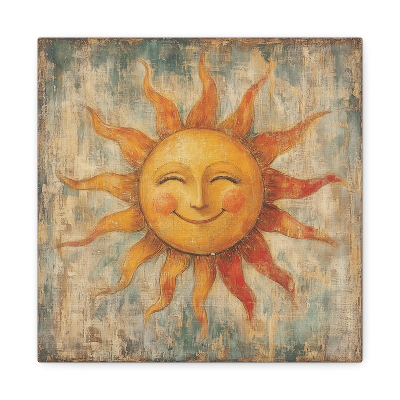 Smiling Sun Canvas Art, Vintage Style Sun Wall Art, Boho Celestial Sun ...