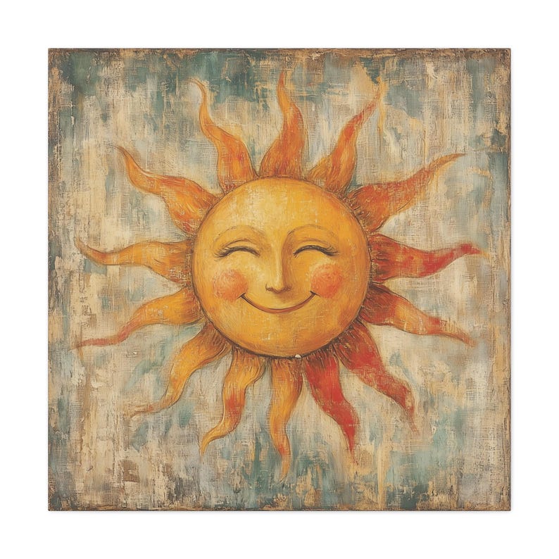 Smiling Sun Canvas Art, Vintage Style Sun Wall Art, Boho Celestial Sun ...