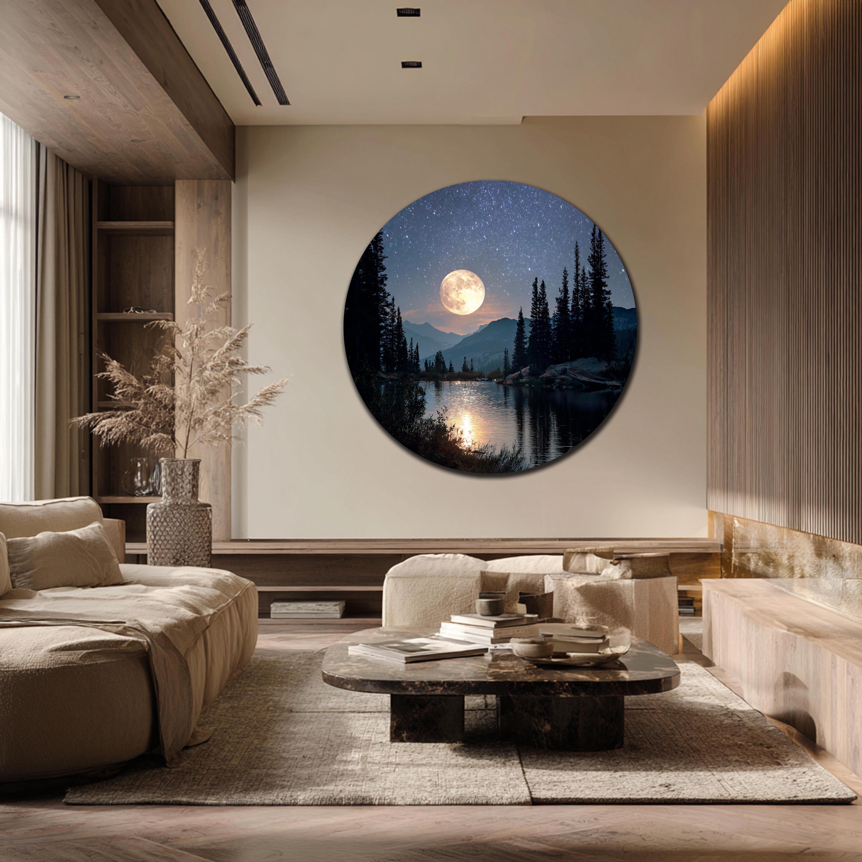 Lake Scenery Round Wall Decor, Moon Circle Glass Art, Natural Glass ...