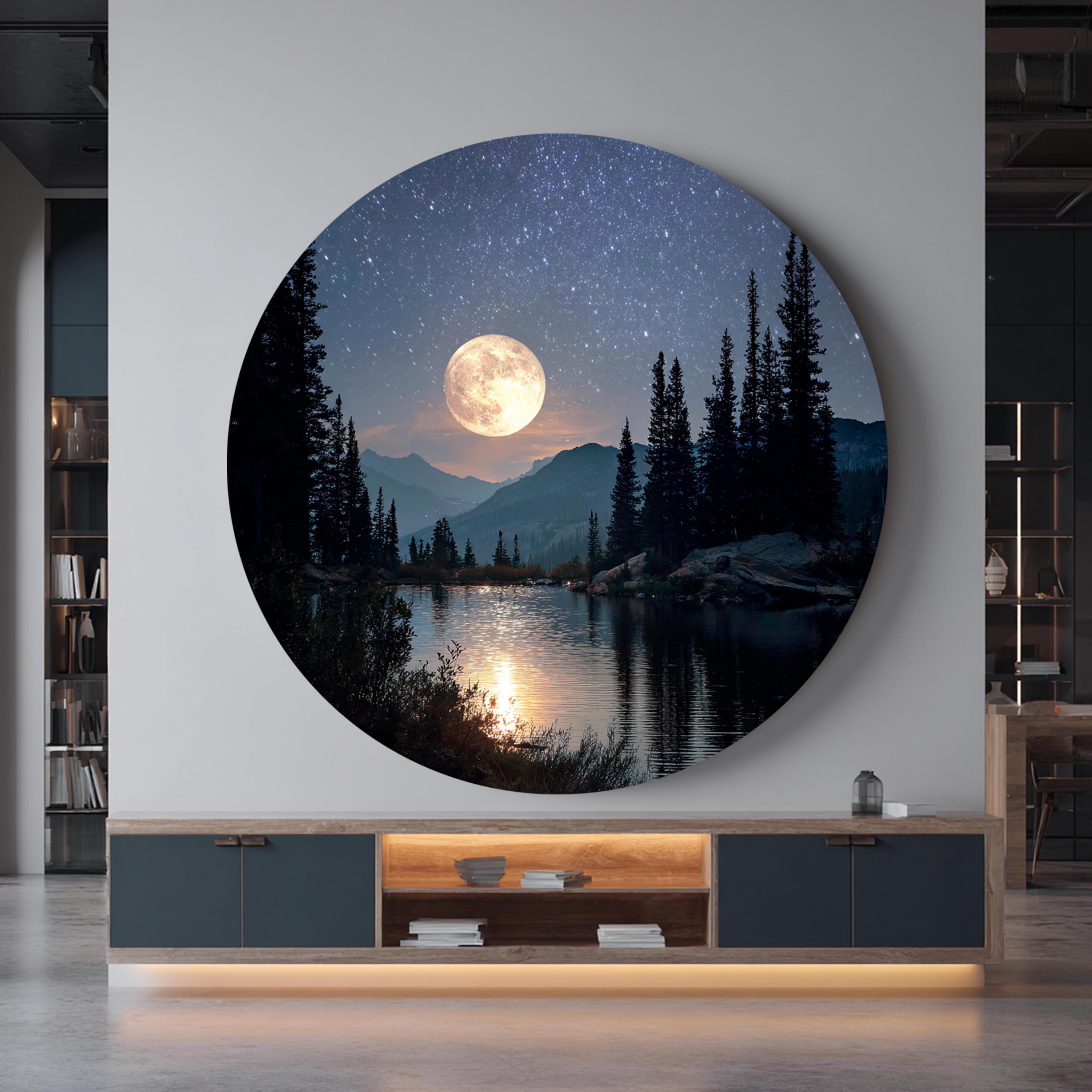 Lake Scenery Round Wall Decor, Moon Circle Glass Art, Natural Glass ...