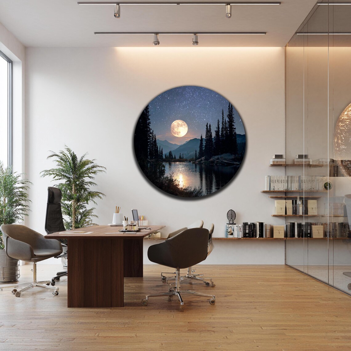 Lake Scenery Round Wall Decor, Moon Circle Glass Art, Natural Glass ...