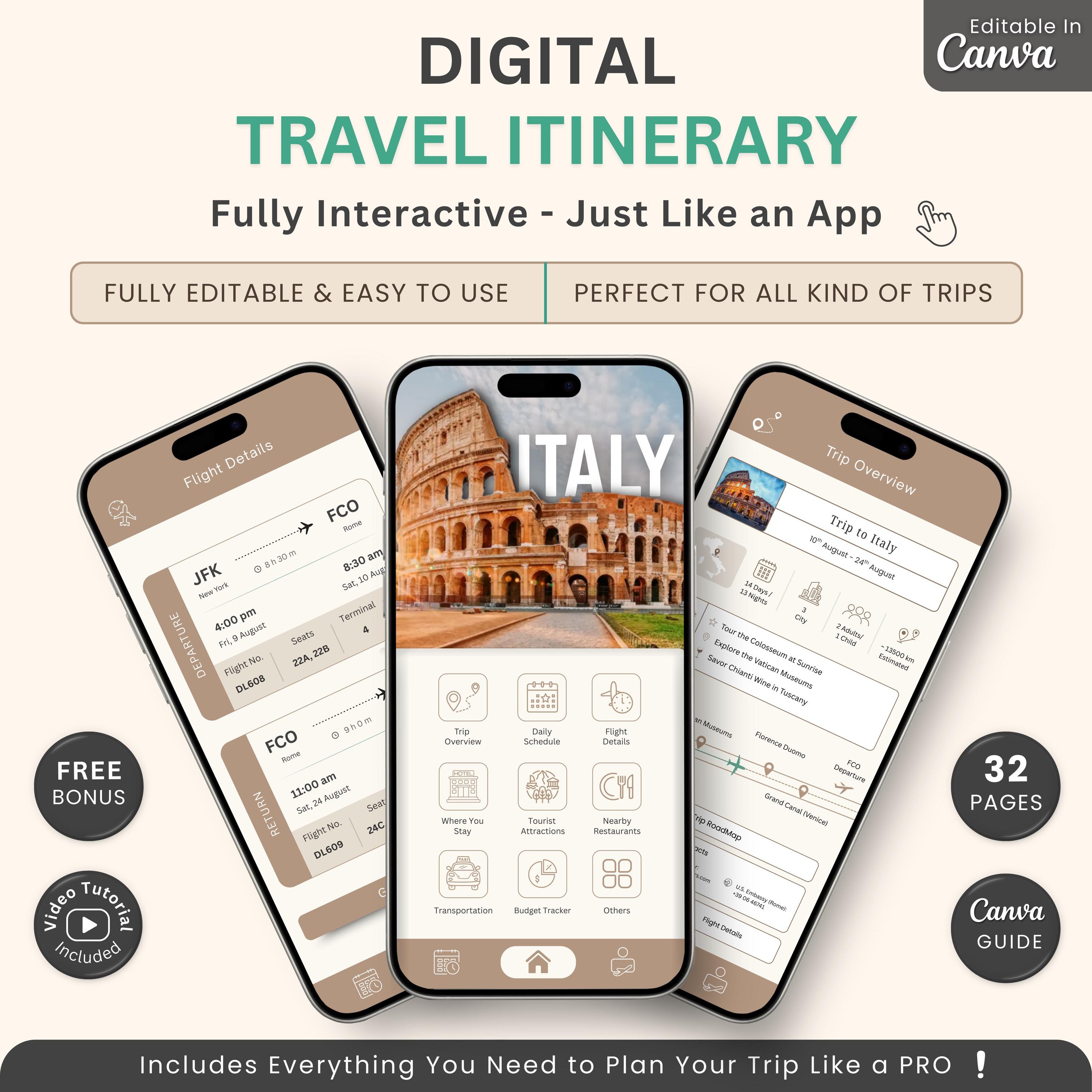 Digital Travel Itinerary Template | Traveling Guide Editable in Canva ...