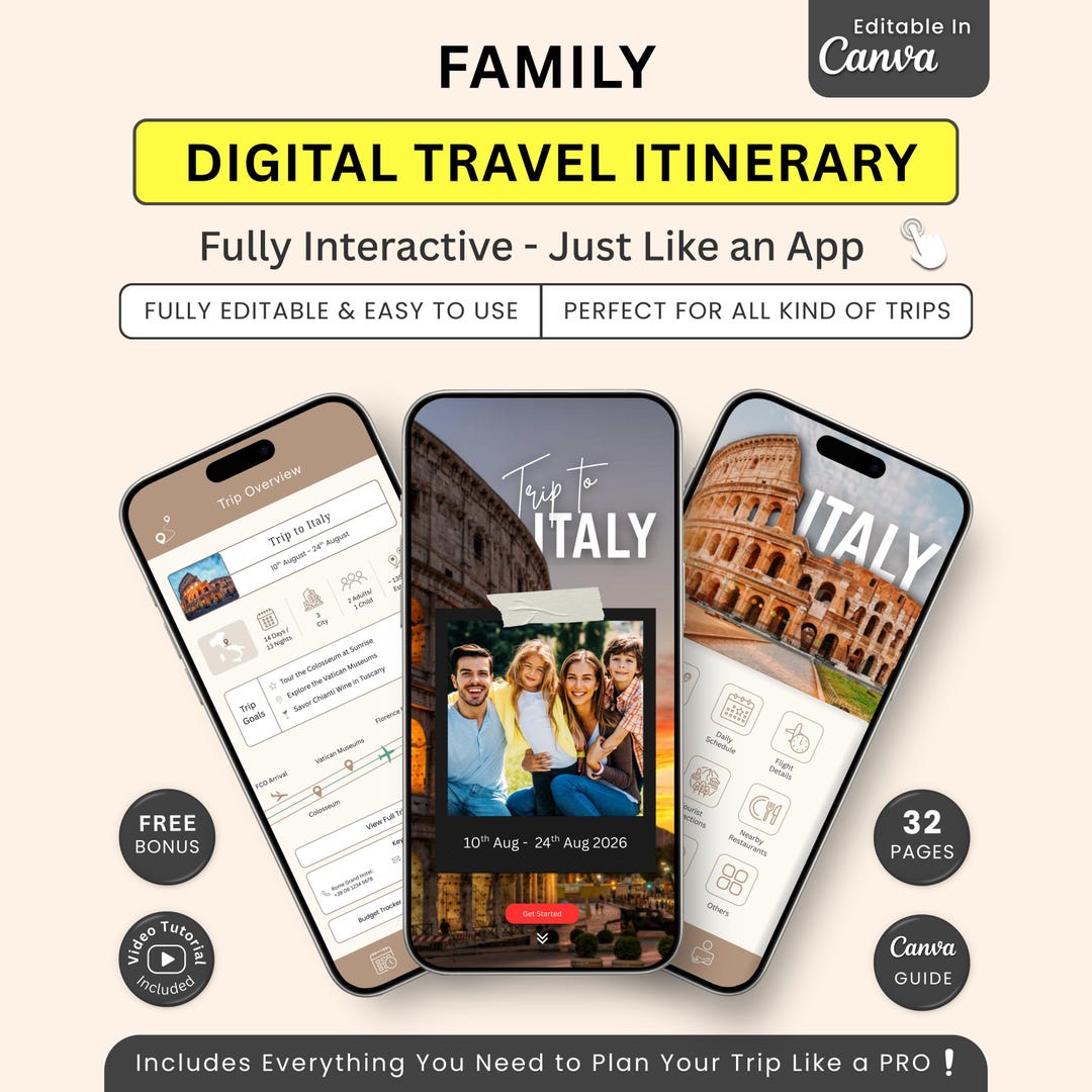 Digital Family Travel Itinerary Canva Template, Mobile-friendly Trip ...
