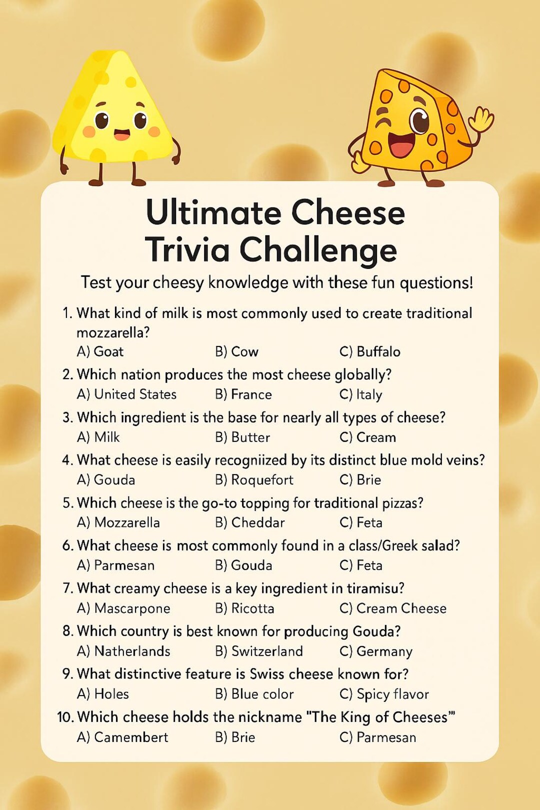 Cheese Trivia Game, Ultimate Cheese Quiz, Office Party Game, Classroom ...