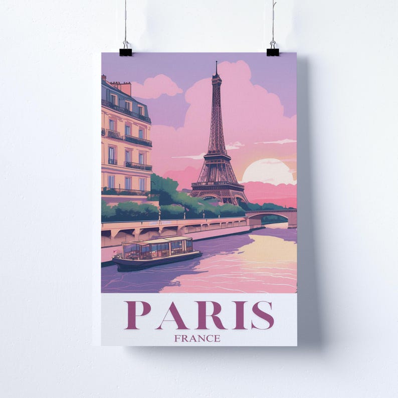 Paris France Vintage Travel Posters, Eiffel Tower Sunset Canvas Art ...