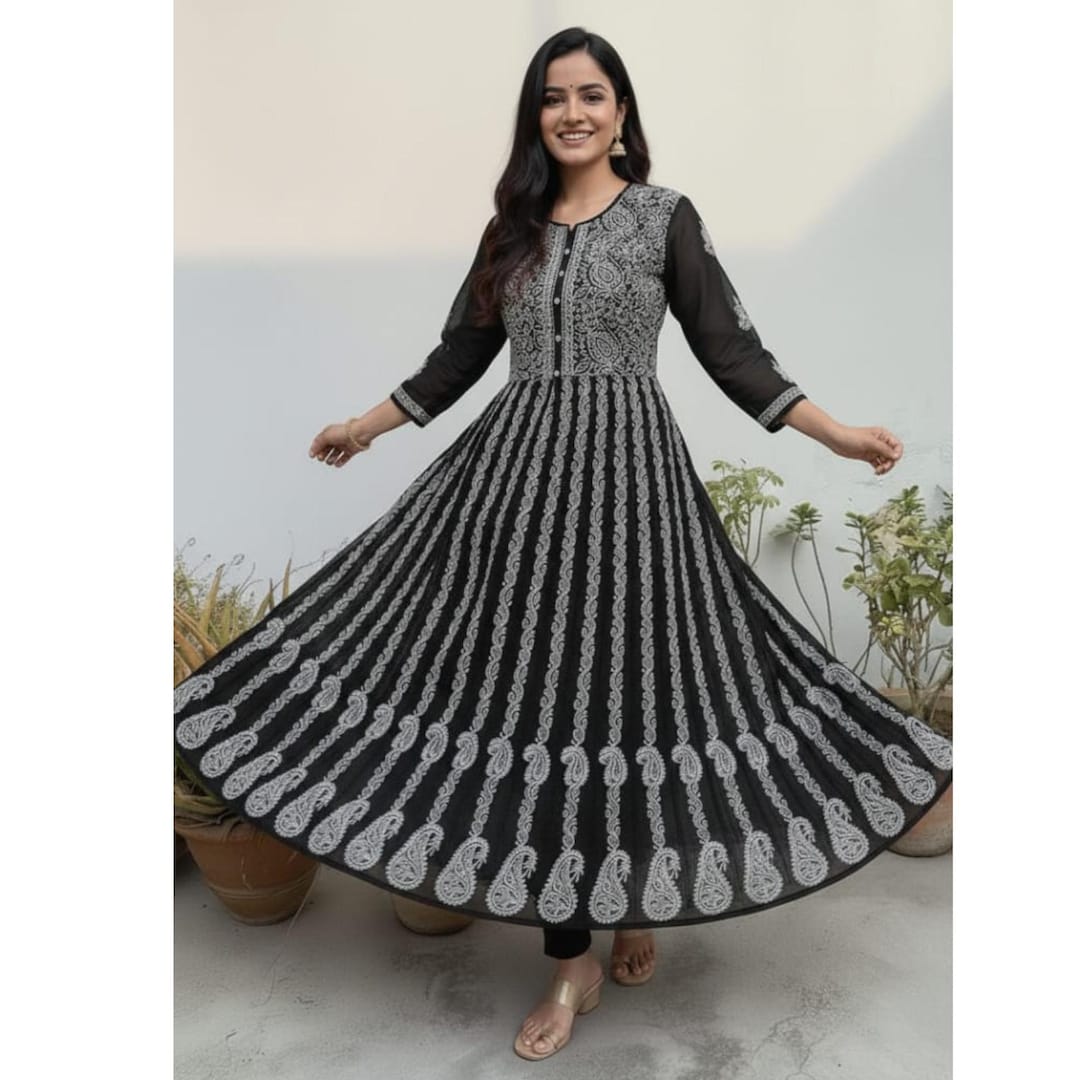 Black Chikankari Anarkali Kurti | Black Anarkali Dress | Pure Hand ...