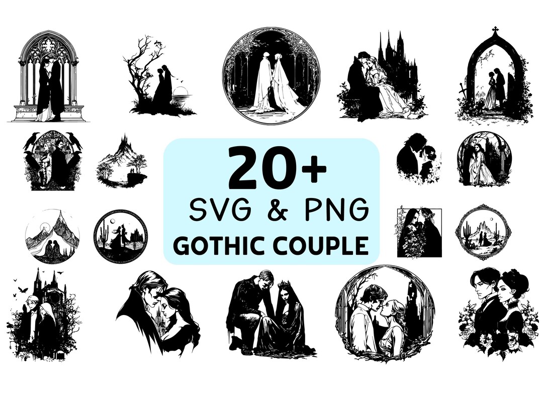 Gothic Couple SVG PNG Bundle, Dark Romance Silhouette, Vampire Couple ...