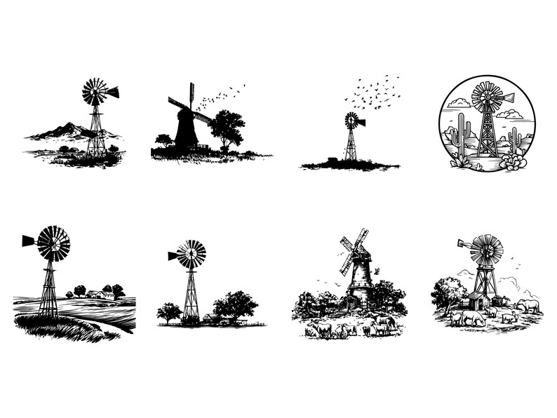 Farm Windmill Silhouette SVG PNG Bundle, Rustic Country Clipart, Barn ...