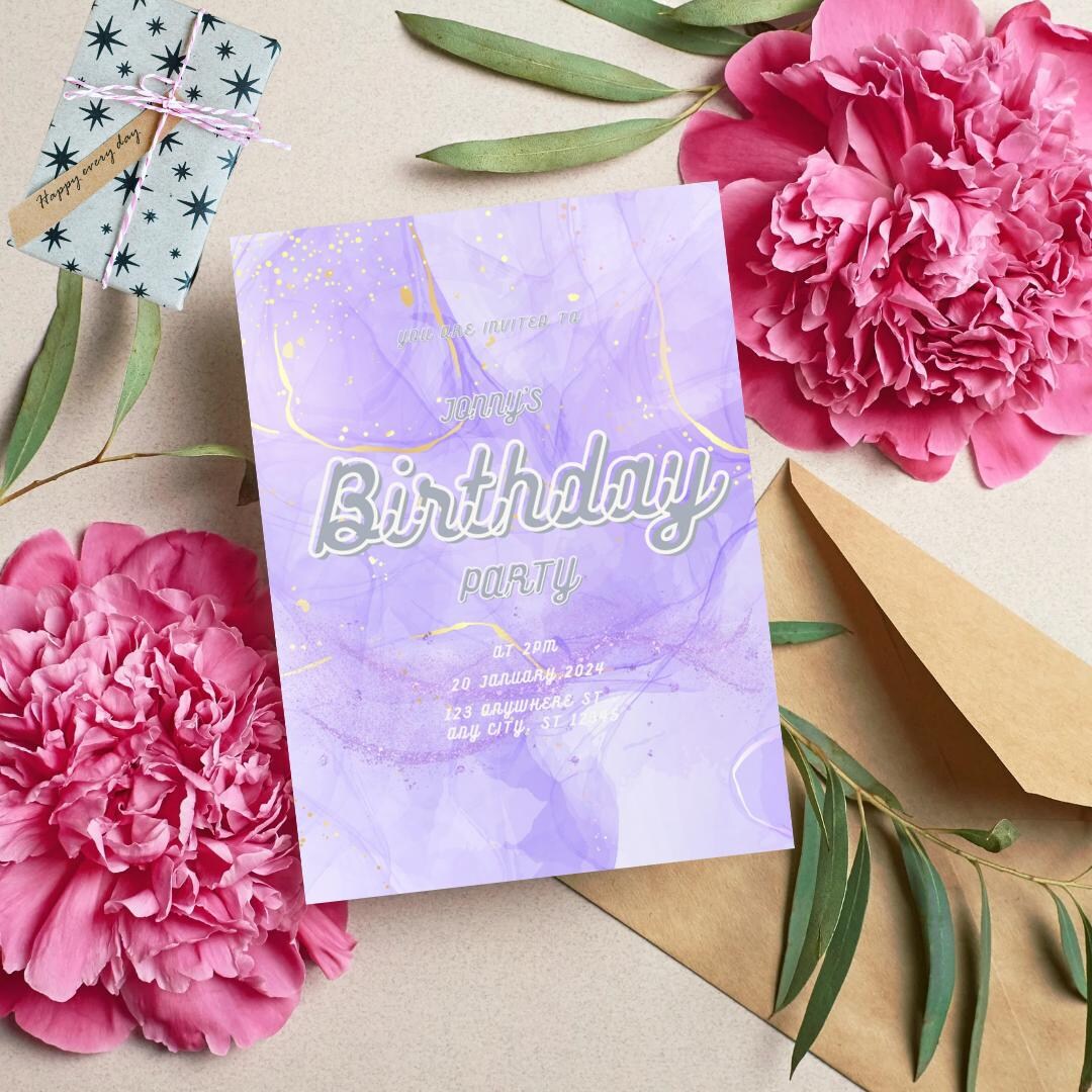 Purple Marbled Birthday Card – Digital Download – Elegant Printable ...