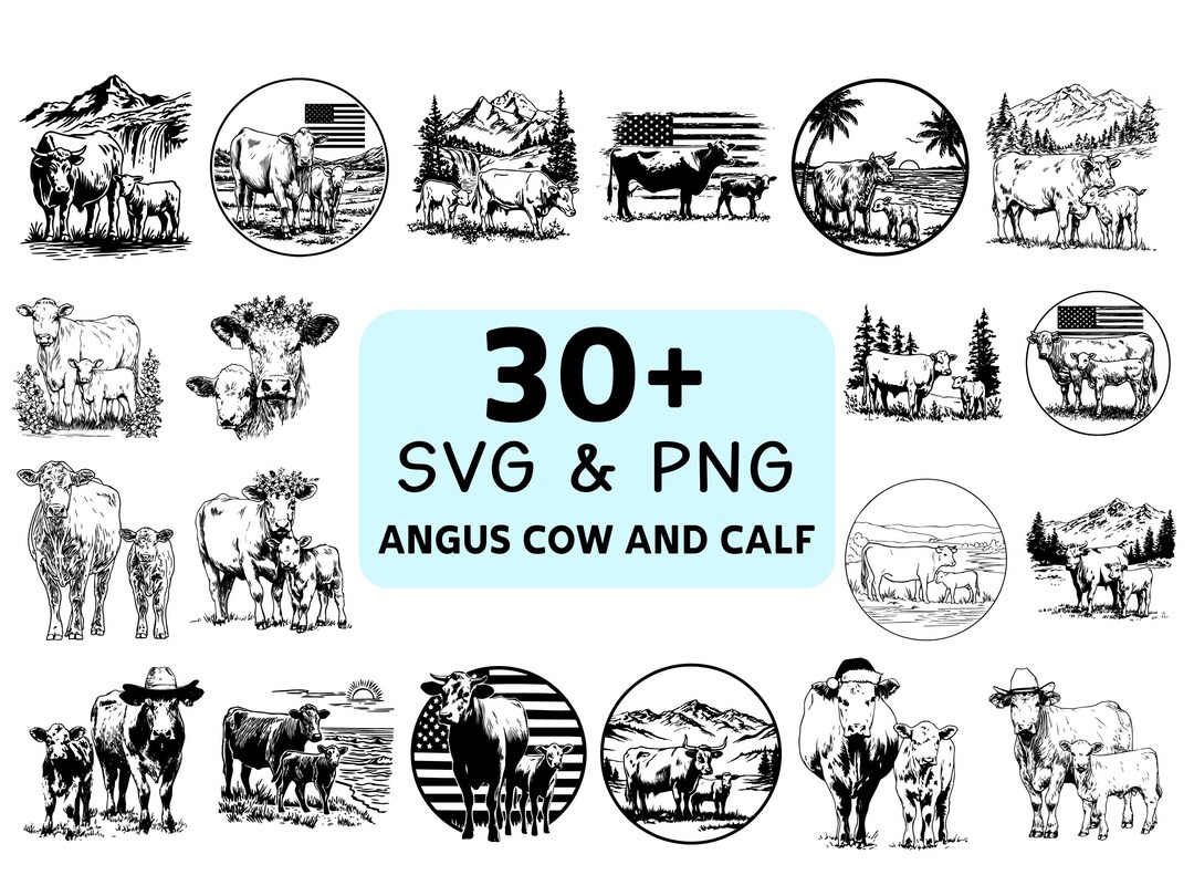 Angus Cow and Calf Silhouette SVG PNG Bundle, Farm Animal Clipart ...
