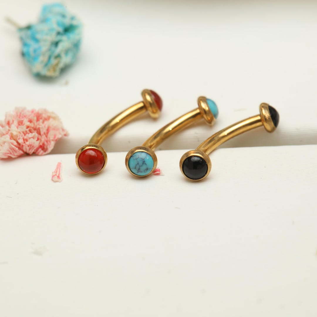 Natural Stone Gold Eyebrow Piercing Jewelry Curved Barbell Titanium 16G ...