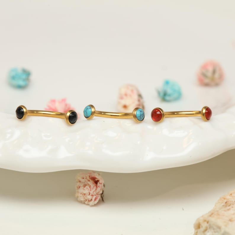 Natural Stone Gold Eyebrow Piercing Jewelry Curved Barbell Titanium 16G ...