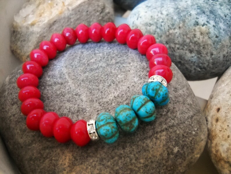 Red Stone Rondelles Turquoise Howlite Melon Beads and Silver ...