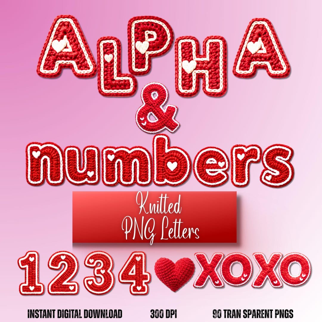 Valentine’s Faux Crochet Alphabet & Numbers PNG | Red Heart Alphabet ...
