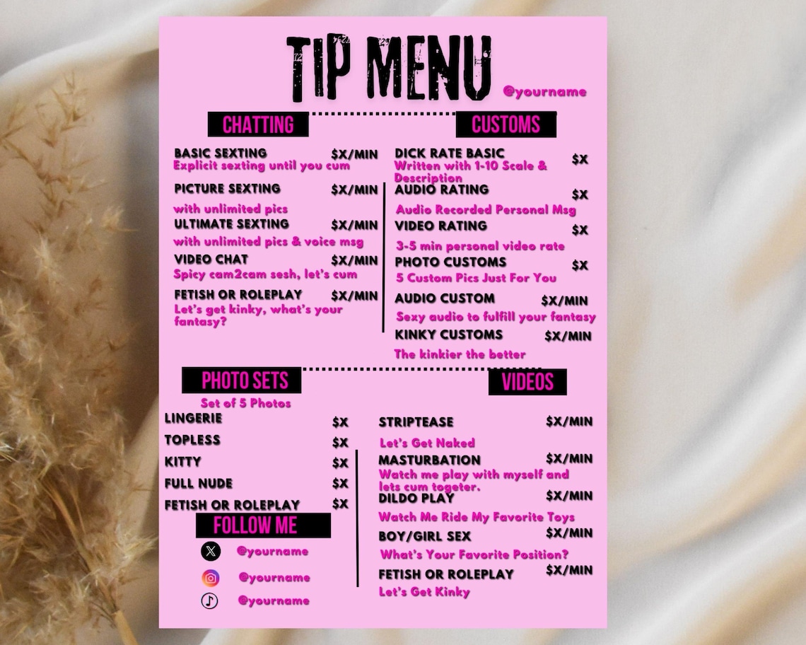Onlyfans Tip Menu, Free Canva Template, Fansly Menu Digital Download ...