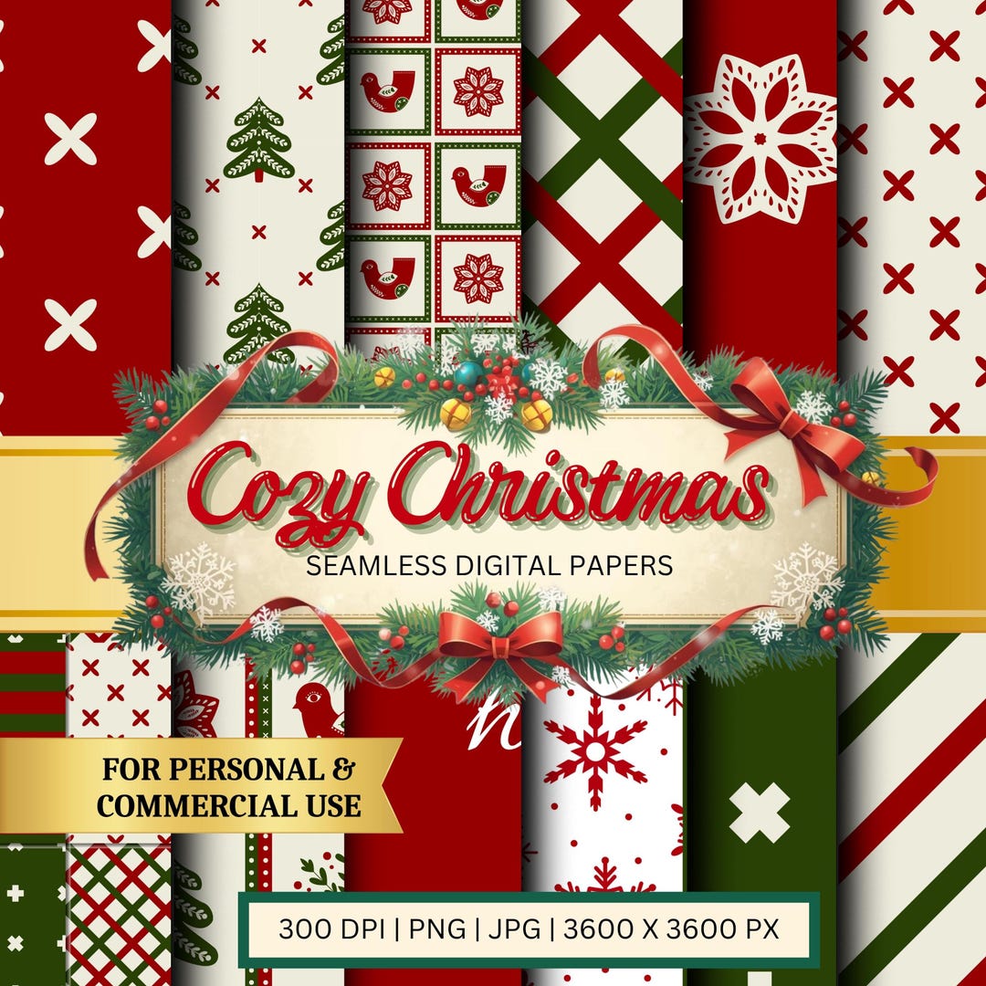 Vintage Christmas Repeating Patterns Paper Bundle - Rustic Snowflake ...