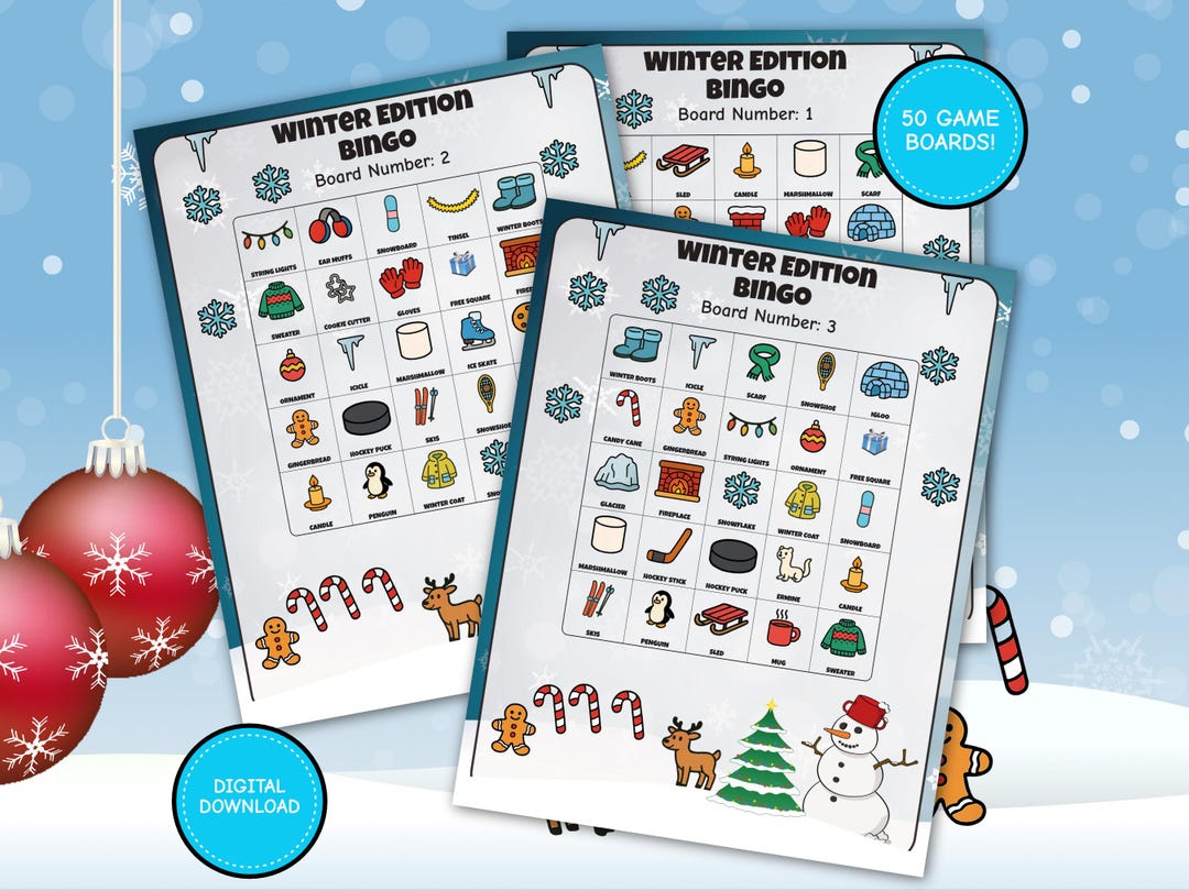 50 Winter Themed Bingo Game Cards for Family Gatherings, Instant ...