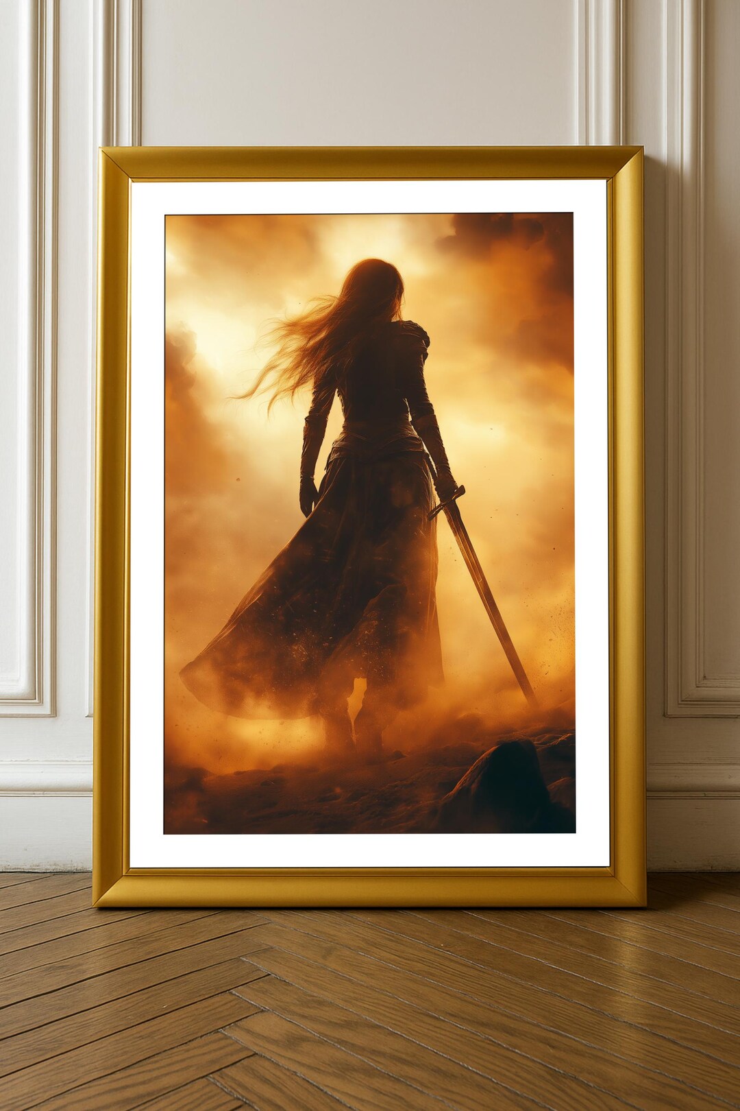 Female Warrior Knight Sword Fire Art Mythical Celestial Fantasy Poster ...