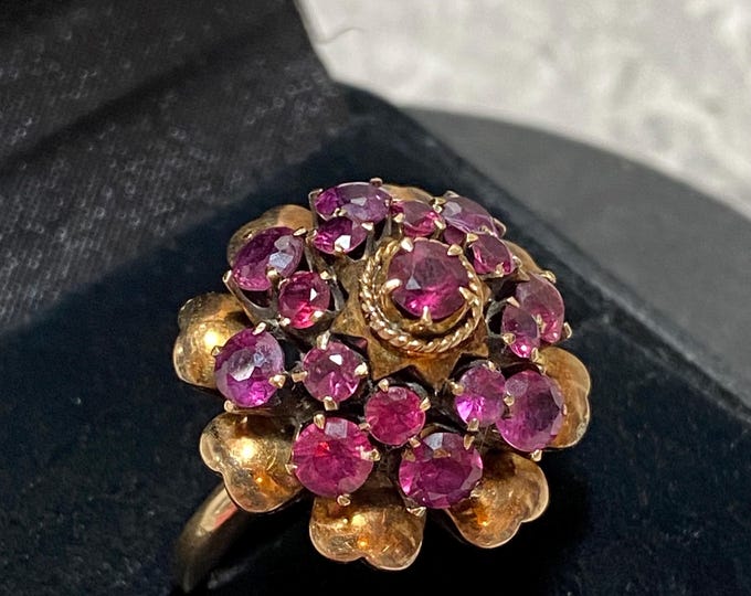 9CT YELLOW GOLD Burmese Rubies Princess Harem Ring Size S (9) Pretty Vintage Retro Gift Floral ...