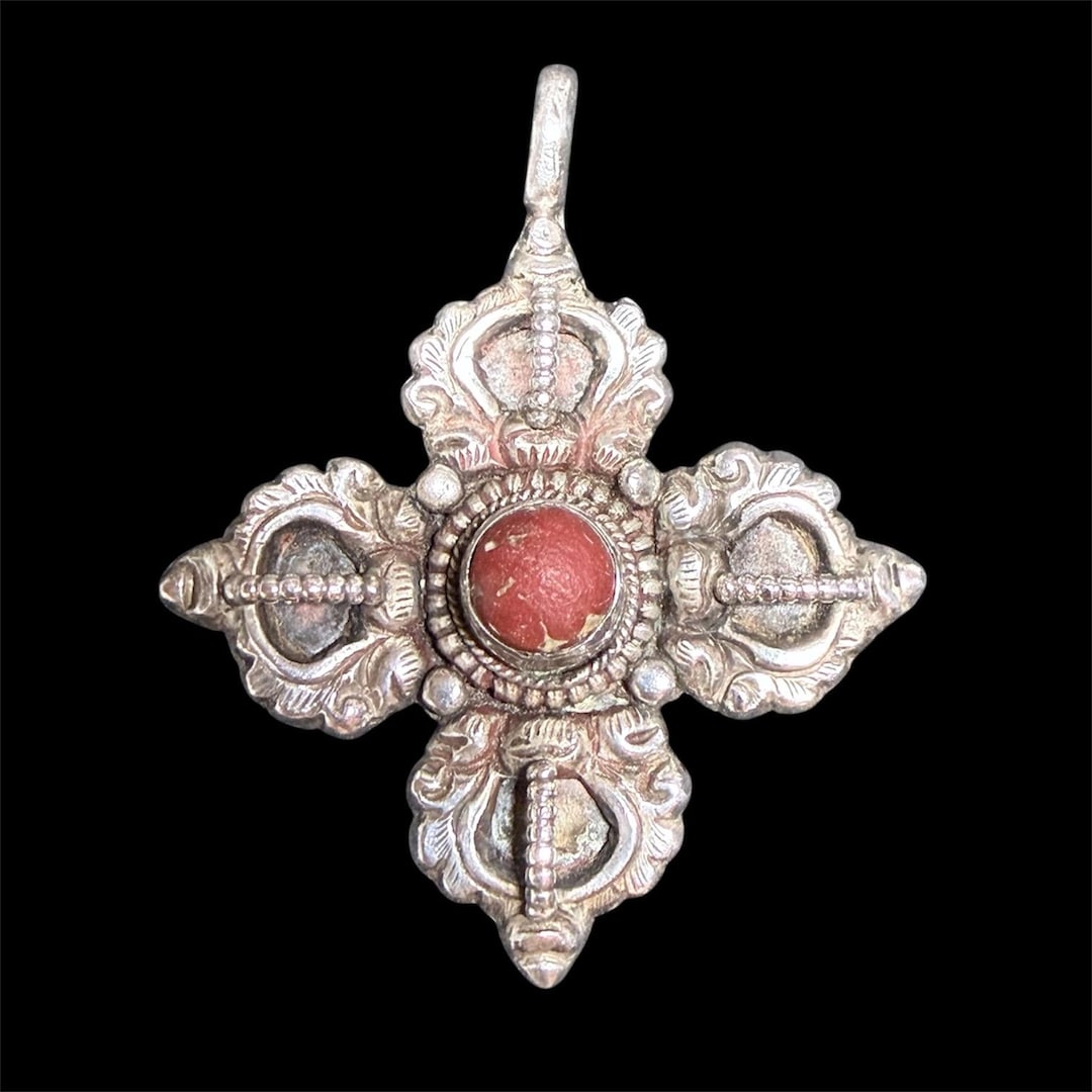 STERLING SILVER Tibetan Cross Pendant for Necklace Red Coral Retro ...