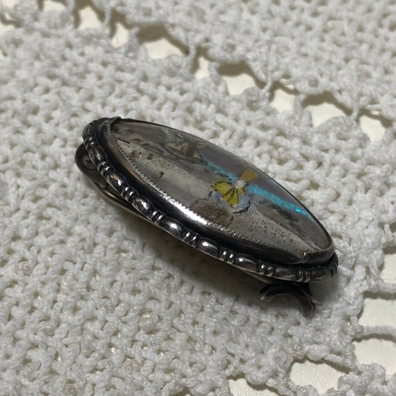 ANTIQUE Sterling Silver & Butterfly Wing Brooch Paint… - Gem
