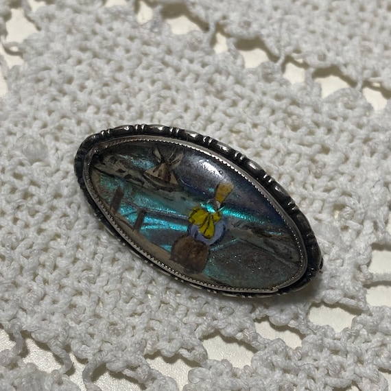 ANTIQUE Sterling Silver & Butterfly Wing Brooch Paint… - Gem