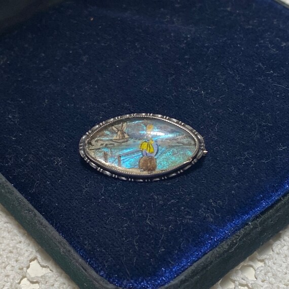 ANTIQUE Sterling Silver & Butterfly Wing Brooch Paint… - Gem