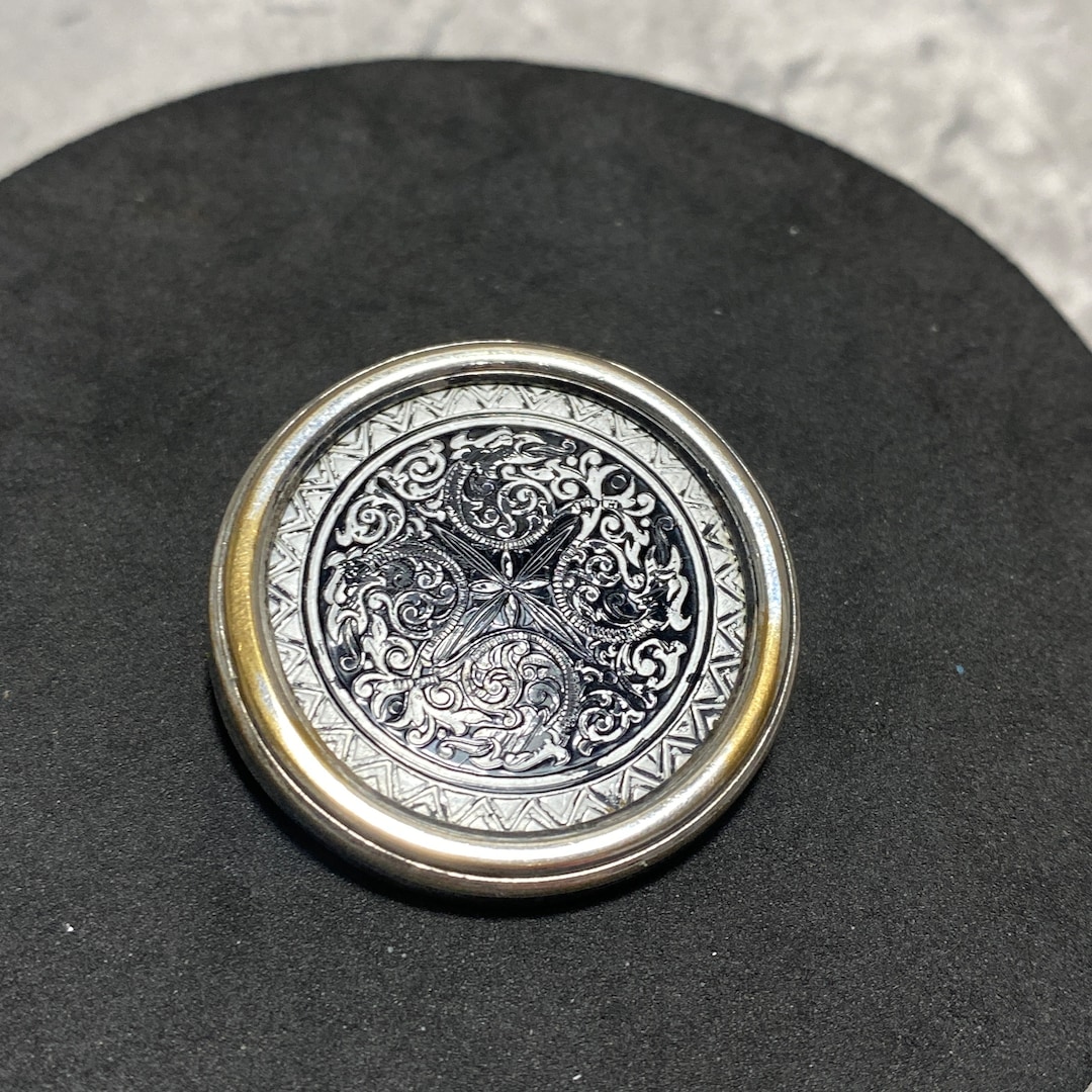 VINTAGE Black Enamel Scroll Cross Brooch Lapel Pin Round Badge Retro ...