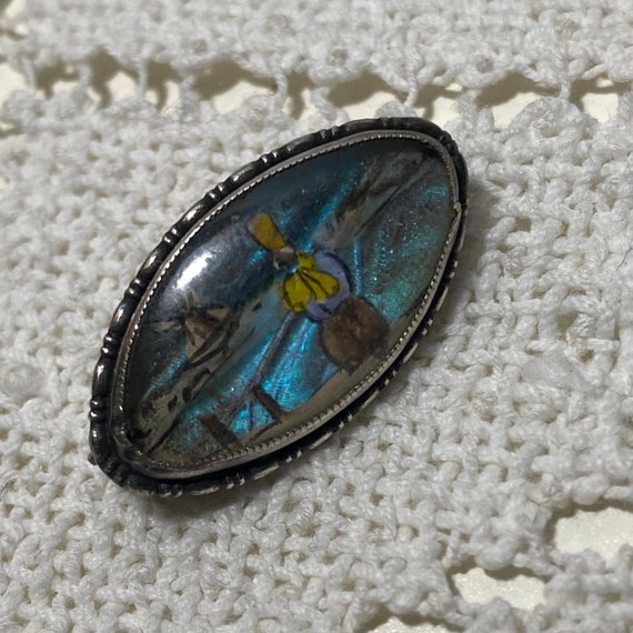ANTIQUE Sterling Silver & Butterfly Wing Brooch Paint… - Gem