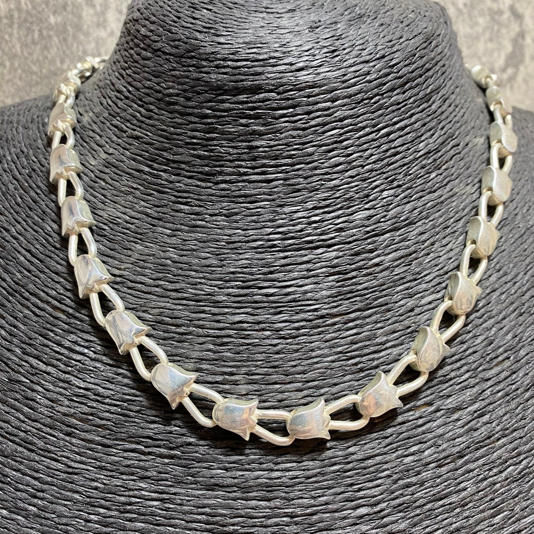 STERLING SILVER Tulip Link Collar Necklace 925 Chain Heavy 70g 42.5cm ...