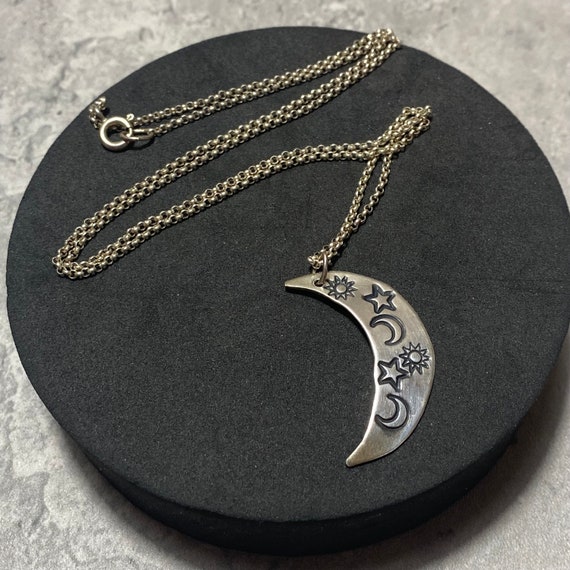 STERLING SILVER Moon & Stars Crescent Pendant Necklac… - Gem