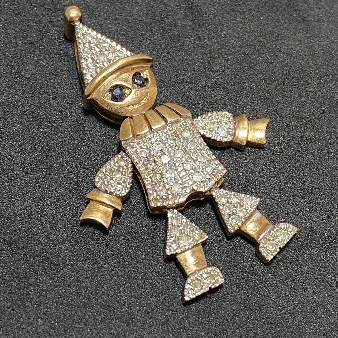 9CT YELLOW GOLD Articulated Clown Pendant for Necklace With Diamonds ...