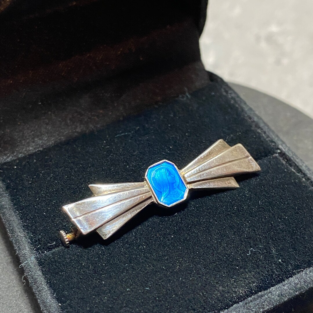STERLING SILVER Blue Enamel Religious Bow Brooch Virgin Mary Christian ...