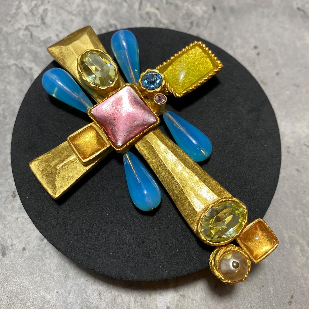 CHRISTIAN LACROIX Vintage 1990s Bejewelled Cross Pendant / Brooch Gold ...