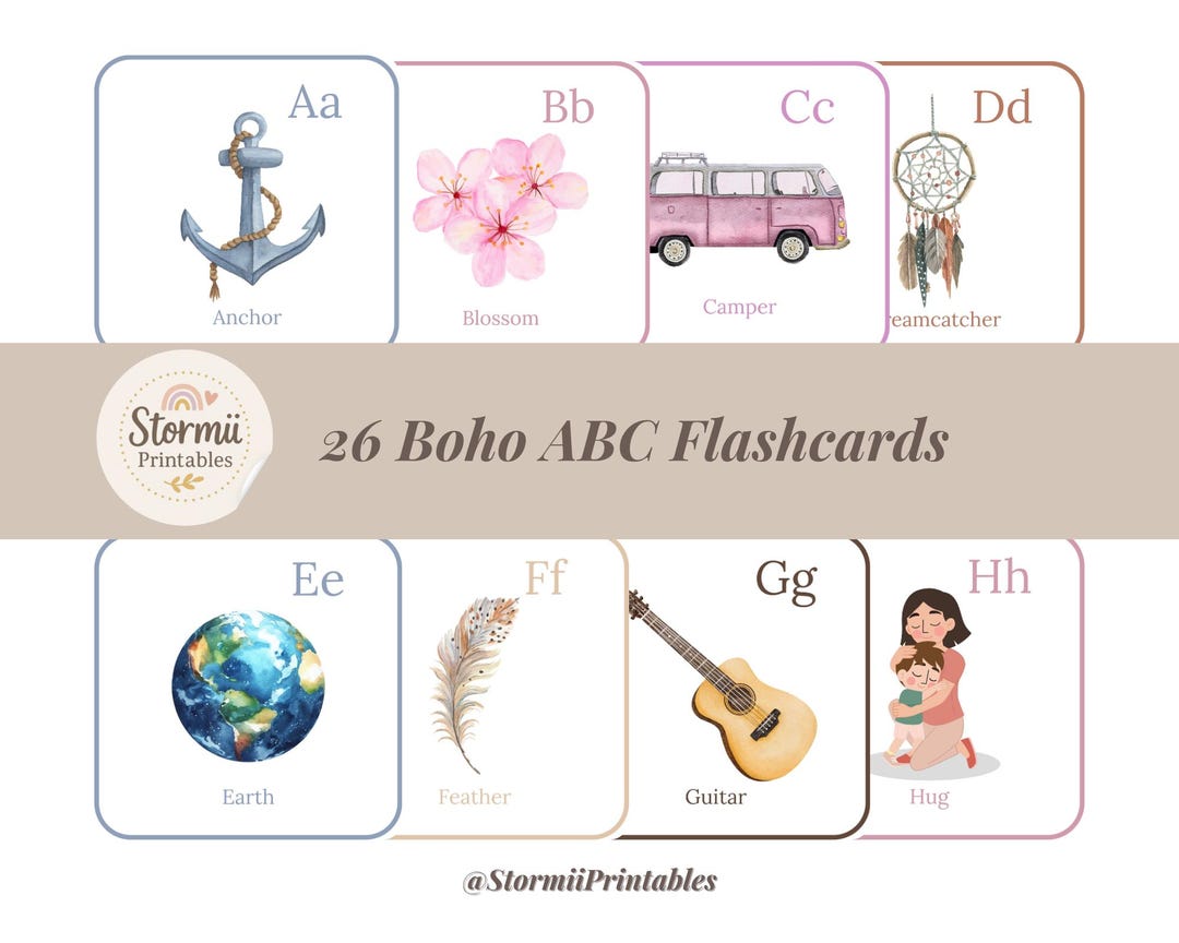 Boho ABC Lernkarten A–Z | Flashcards Im Boho-stil Zum Ausdrucken ...