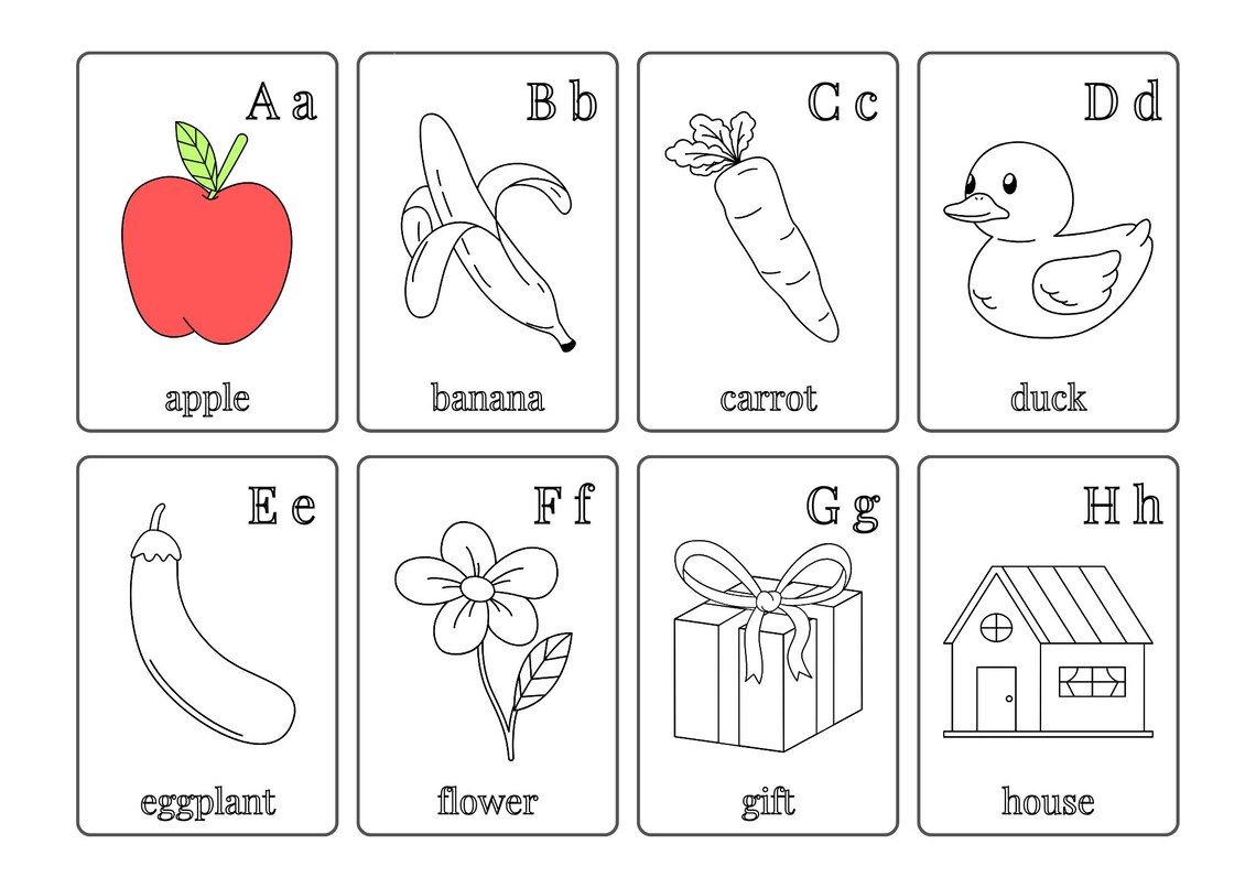 A-Z Alphabet Coloring Flashcards A4 ,printable Black and White ABC ...