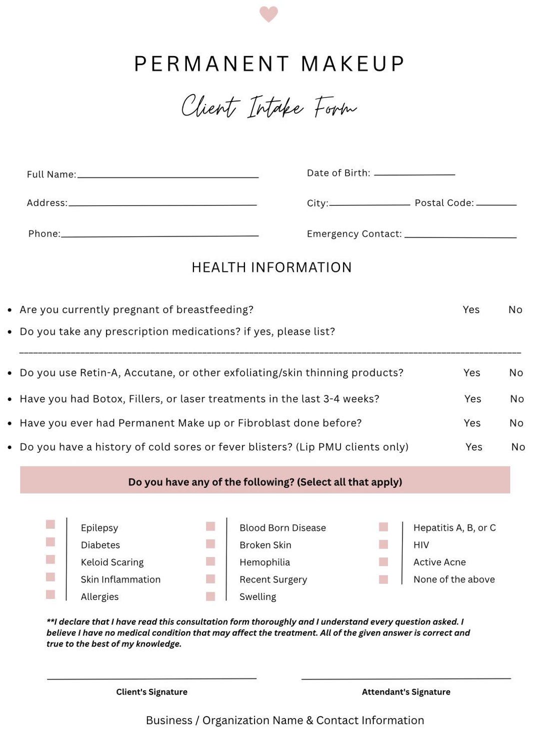 Permanent Makeup Consent Forms Bundle | Editable Canvas PMU Client ...
