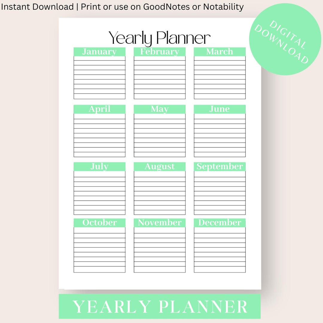 2025 Yearly Planner PDF: 12-month Grid Layout, Goodnotes Compatible (A5 ...