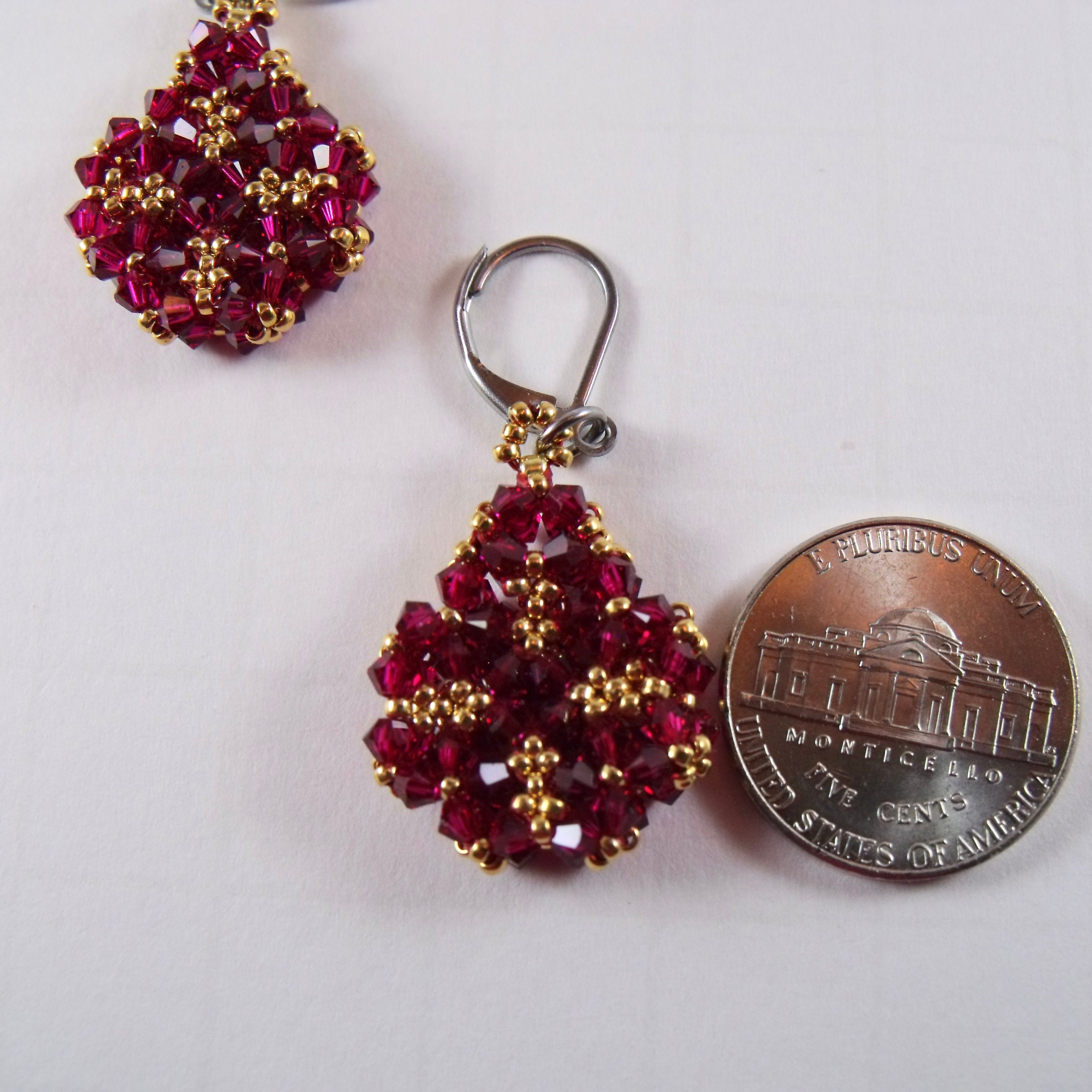 Ruby Red Color Beaded Glass Crystal Earring Dangles, Woven Modern ...
