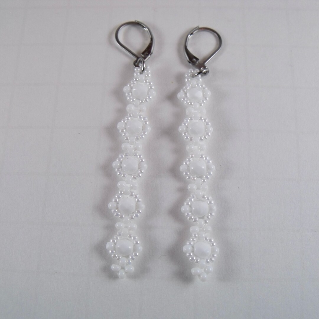 Faceted White Beaded Linear Earrings, Glass Seed Bead Woven Earring ...