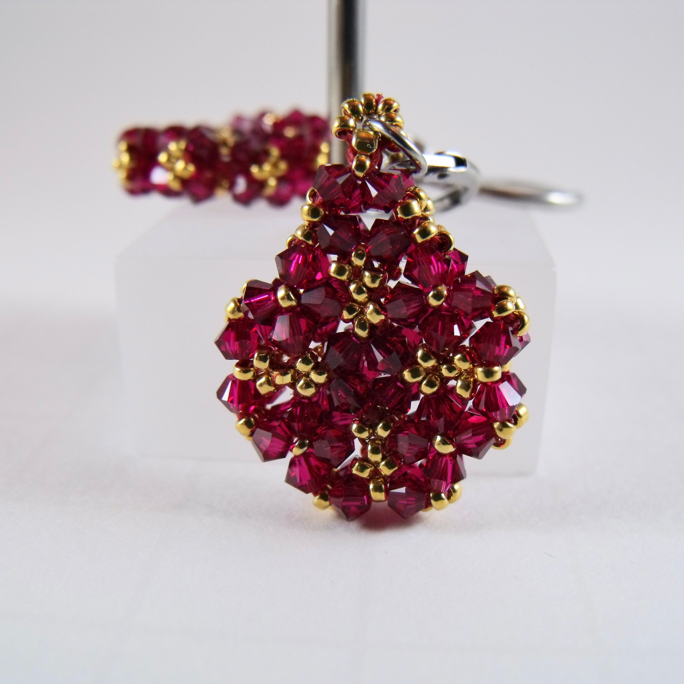 Ruby Red Color Beaded Glass Crystal Earring Dangles, Woven Modern ...