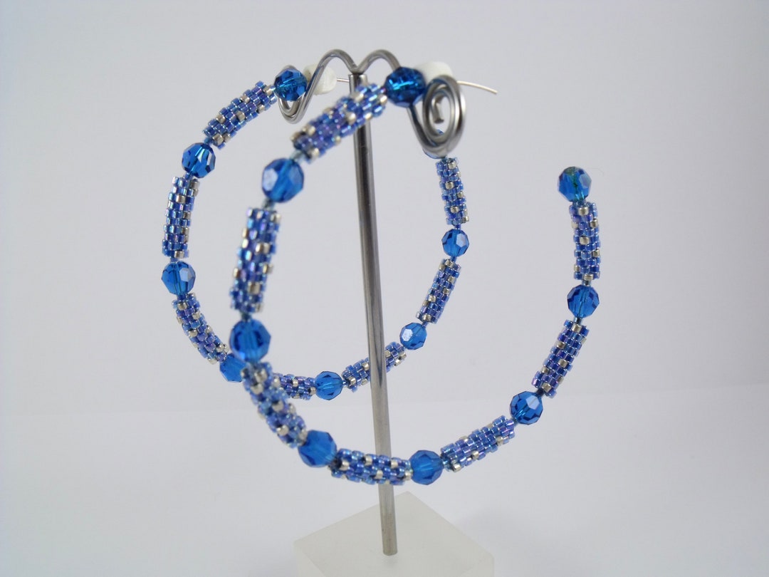 Crystal Blue Hoop Earrings Beaded Woven Glass Crystal Beaded Hoops - Etsy