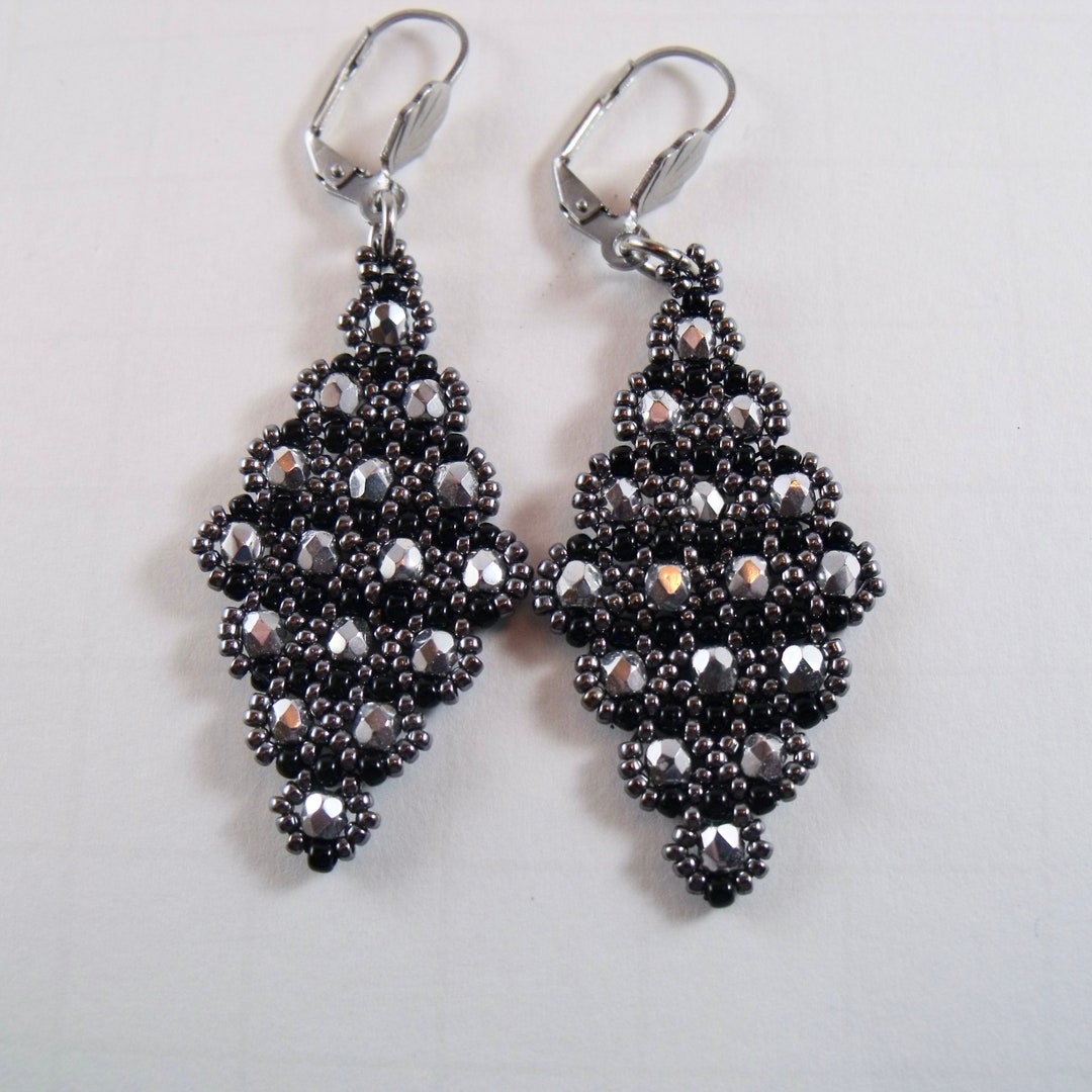 Silver Gray Beaded Glass Diamond Shaped Earring Dangles Woven Beadwork ...