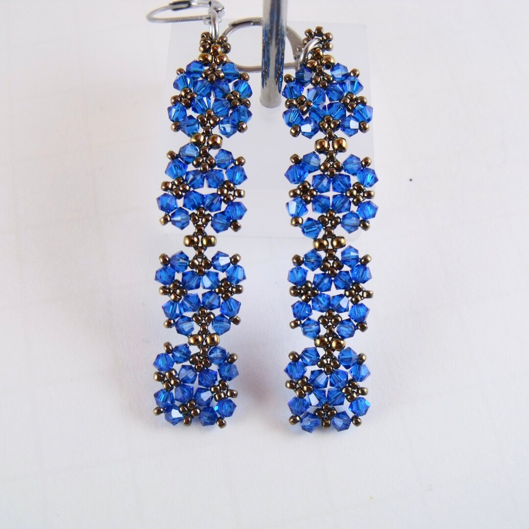 Dark Blue Square Earrings, Beaded Glass Crystal Earring Dangles, Woven ...