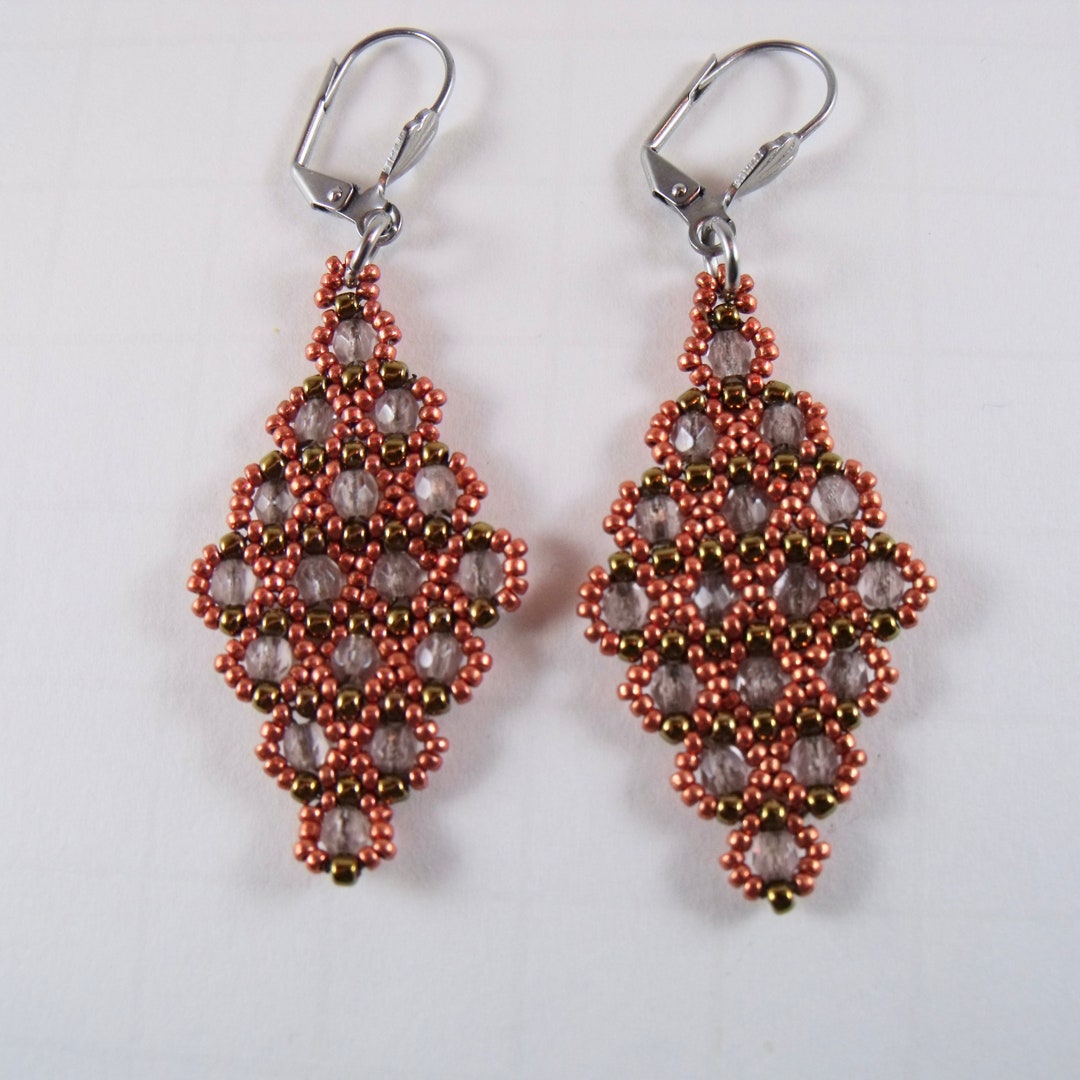 Beaded Triangle Earrings, Copper Color Diamond Shaped Dangles, Woven ...