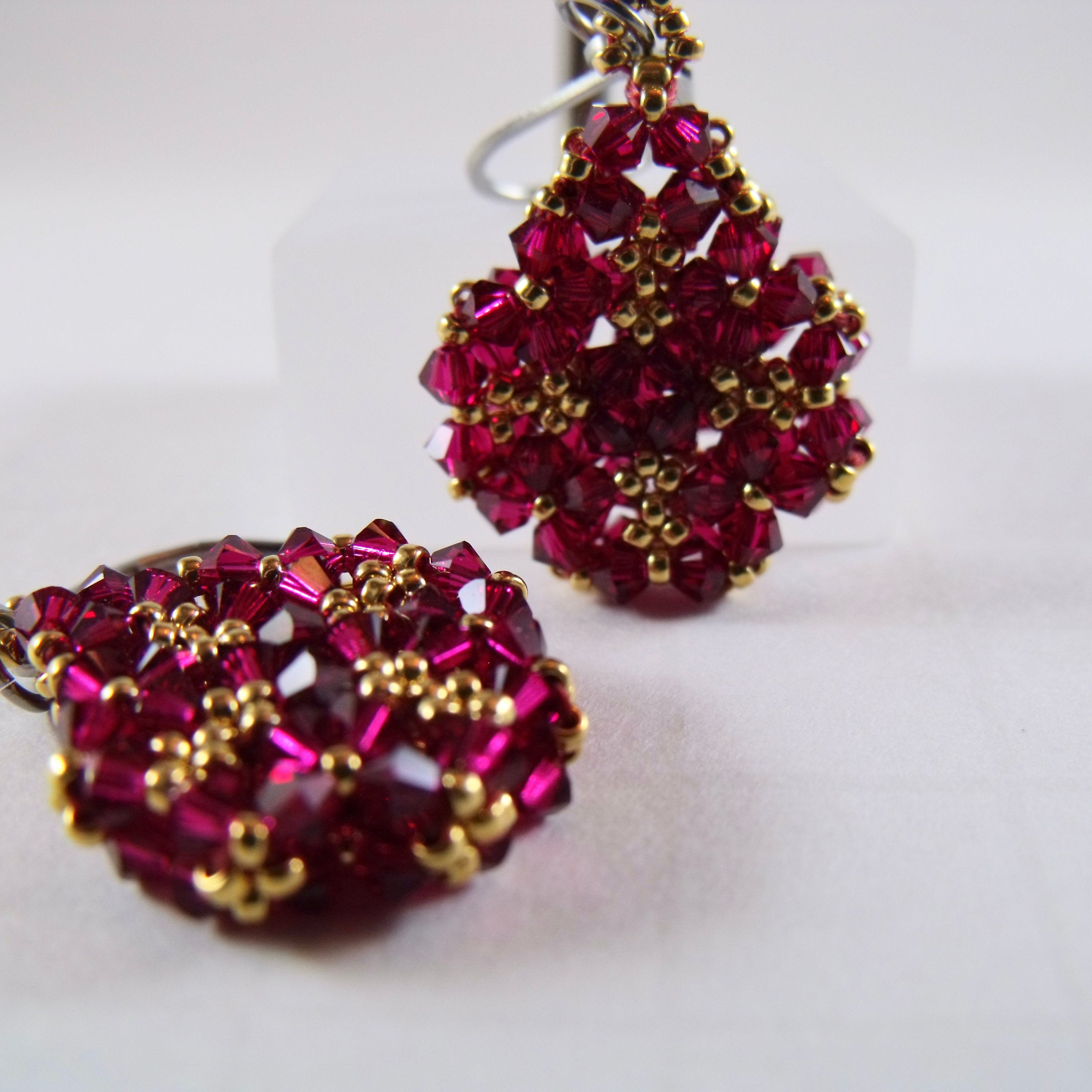 Ruby Red Color Beaded Glass Crystal Earring Dangles, Woven Modern ...