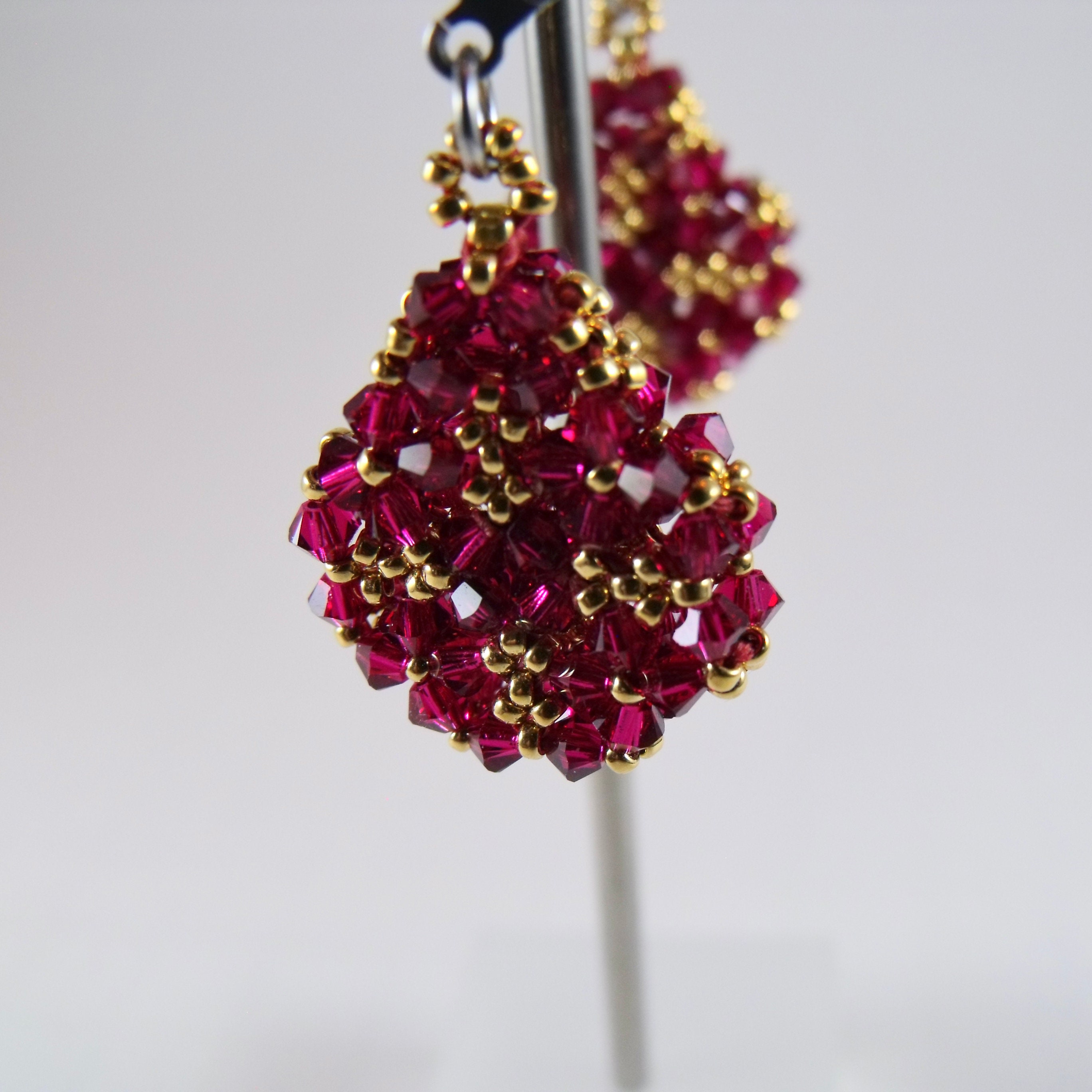 Ruby Red Color Beaded Glass Crystal Earring Dangles, Woven Modern ...